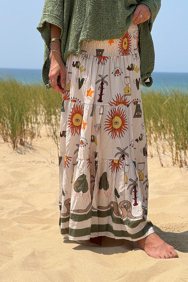 Jupe beige fluide imprimé symboles kaki soleil ceinture smockée - Horizons Lointains