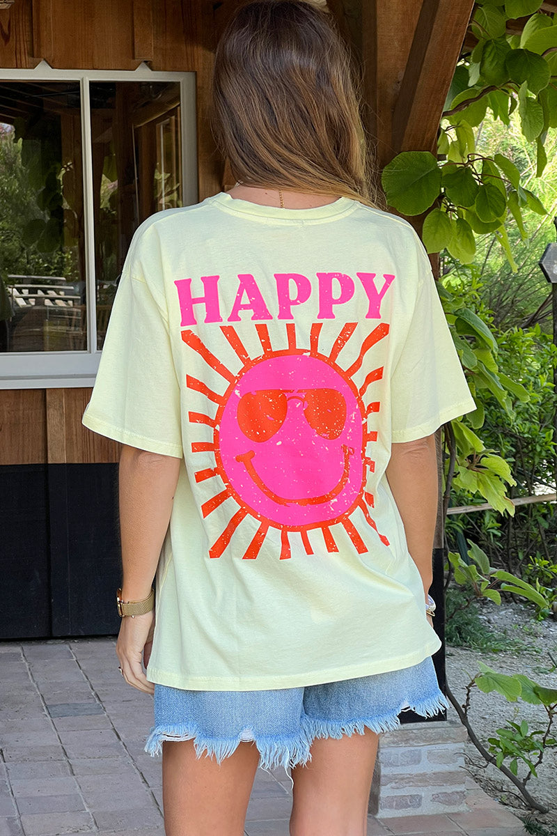 T-shirt Jaune Pâle en Coton Imprimé Smiley Soleil Happy au Dos - Horizons Lointains