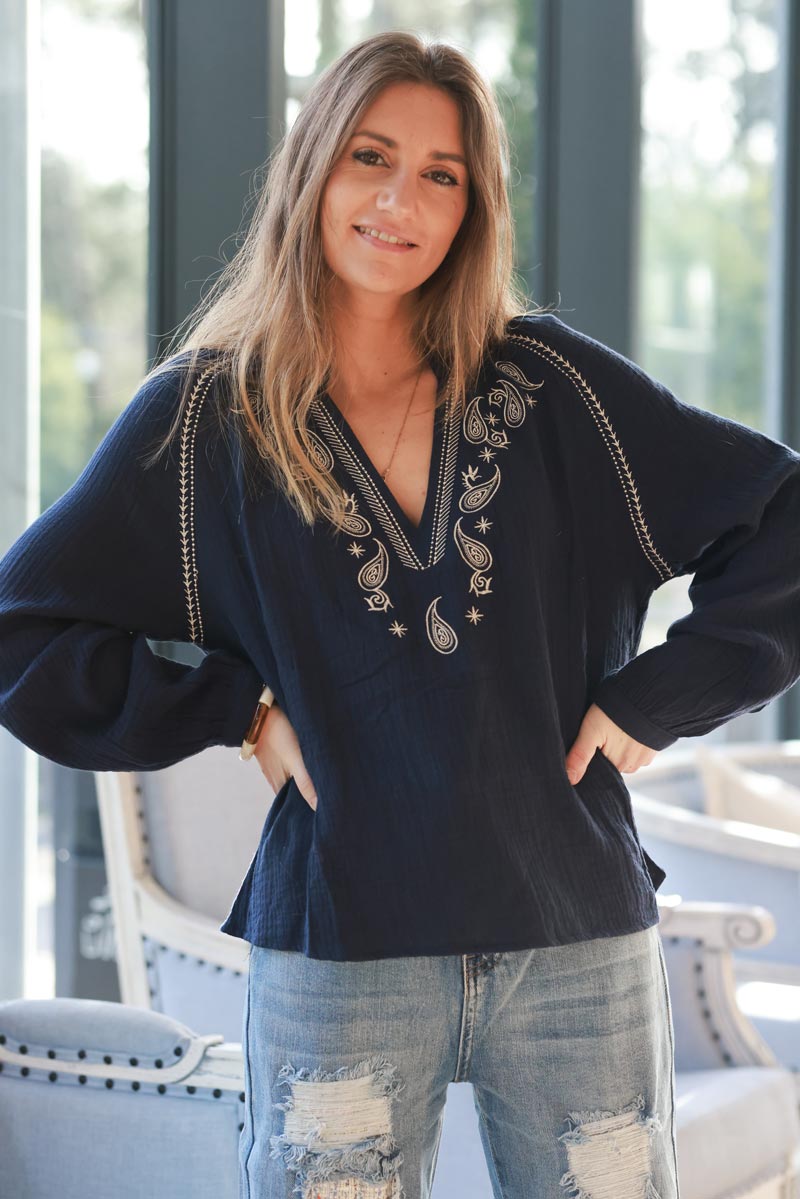 Navy Blue Cotton Gauze Blouse with Paisley Embroidery - Horizons Lointains
