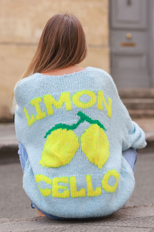 Sky blue Chunky Knit Cardigan with Lemon 'Limoncello' Back Pattern ...