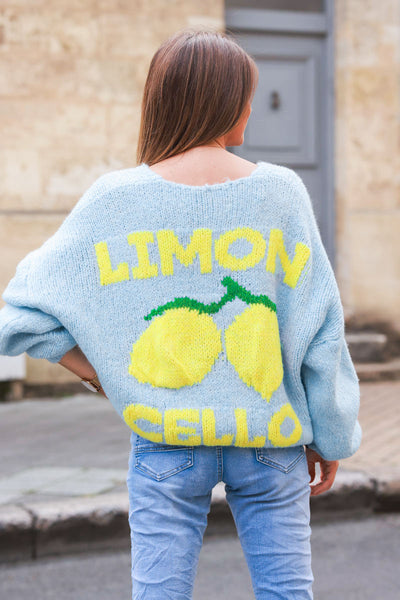 Sky blue Chunky Knit Cardigan with Lemon 'Limoncello' Back Pattern ...
