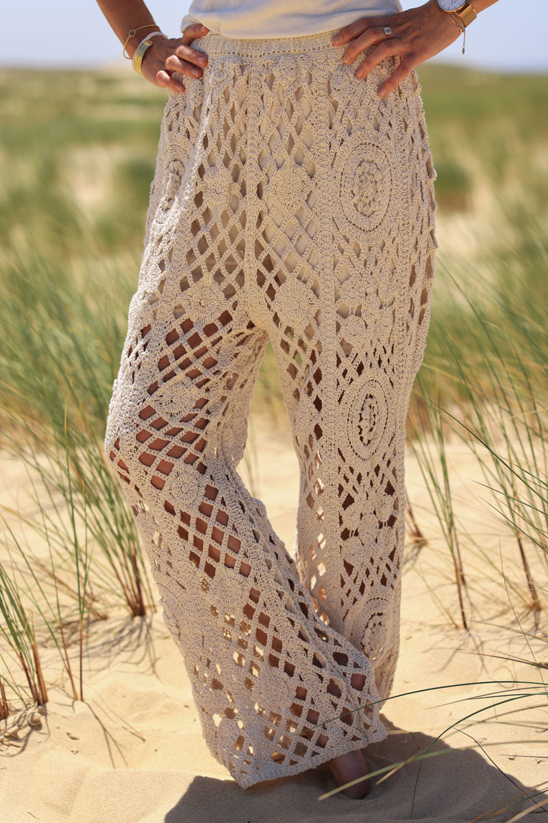 Beige Crochet Flared Pants with Shorts Lining - Horizons Lointains