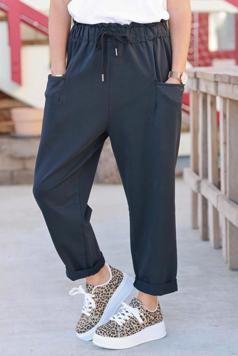 Pantalon jogging noir style paperbag taille élastiquée et poches ...