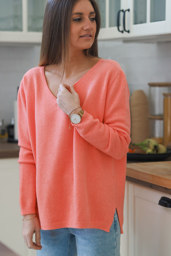 Pull Basique Tout Doux Orange Pastel Col V - Horizons Lointains