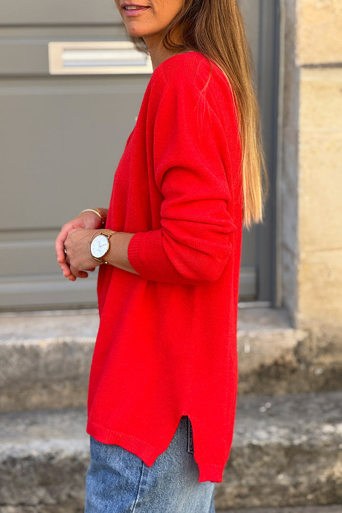 Pull basique tout doux rouge orangé col V - Horizons Lointains