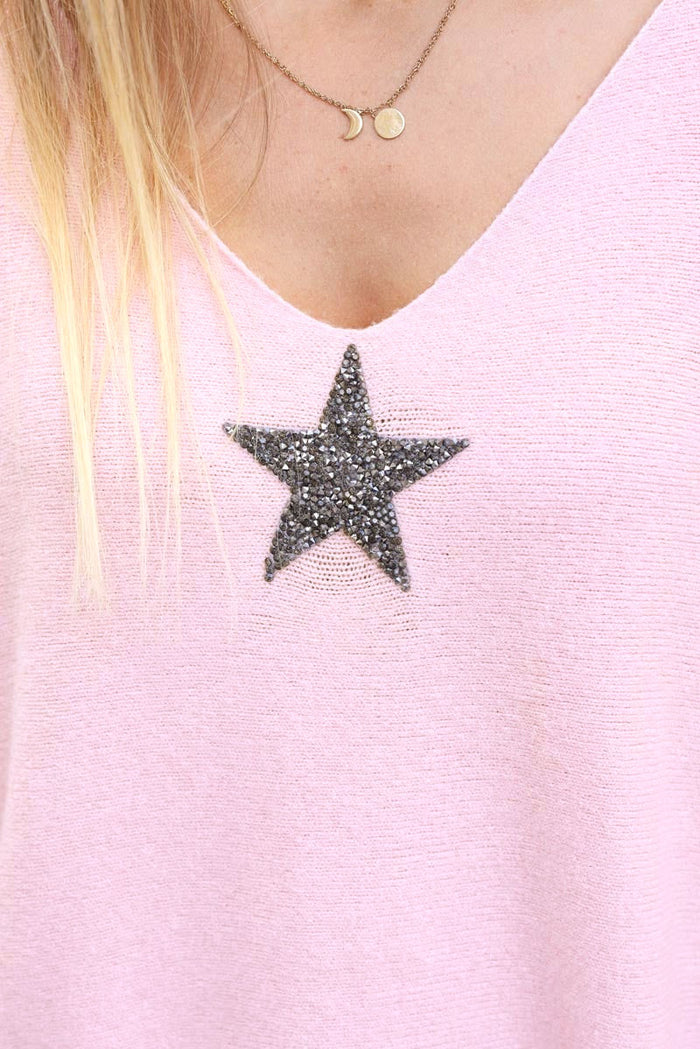Pull large tout doux rose poudré manches chauve-souris étoile strass ...