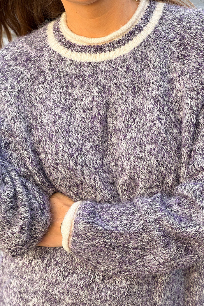 Pull tout doux et moelleux chiné violet détails écru - Horizons Lointains