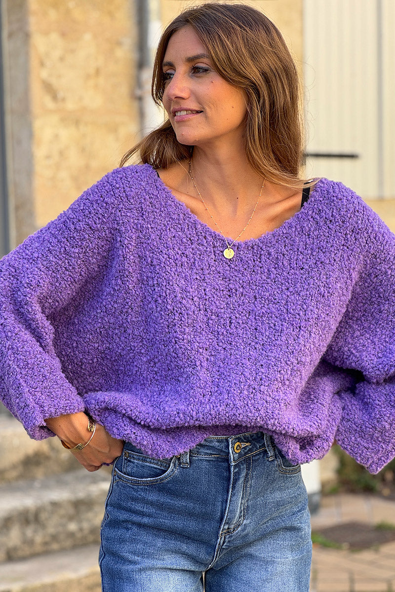 Pull violet grosse maille bouclettes Alpaga manches chauve souris col v ...
