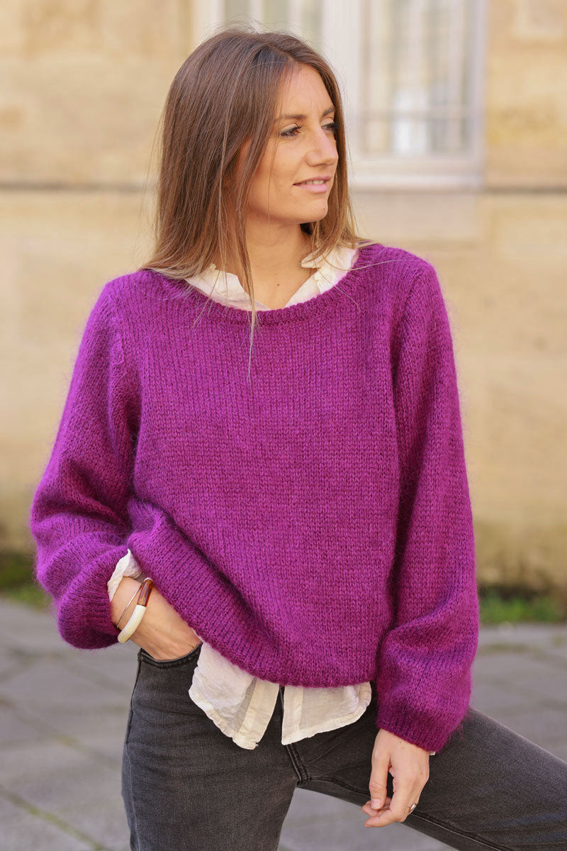 Pull violet en maille manches bouffantes col rond - Horizons Lointains