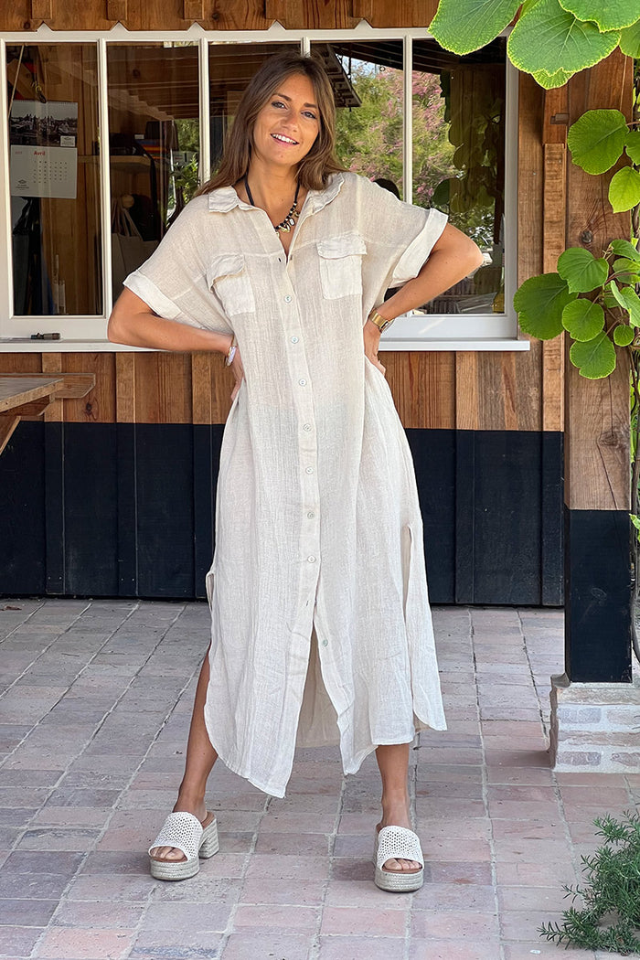 Robe Chemise Fendue Beige mi Coton mi Lin Effet Piqué Coupe Loose ...