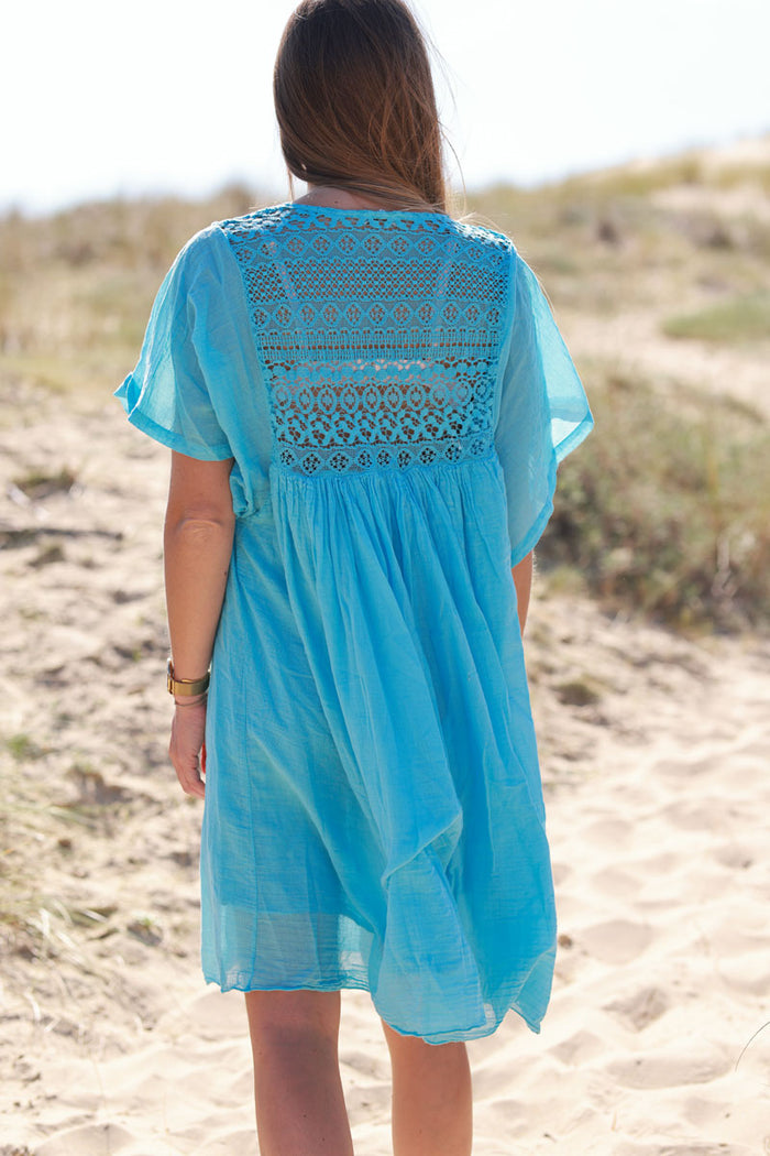 Robe Turquoise Légère Voile de Coton Haut Dentelle - Horizons Lointains
