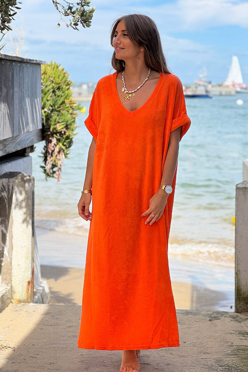 Robe éponge longue orange coupe tshirt long et large col v - Horizons ...
