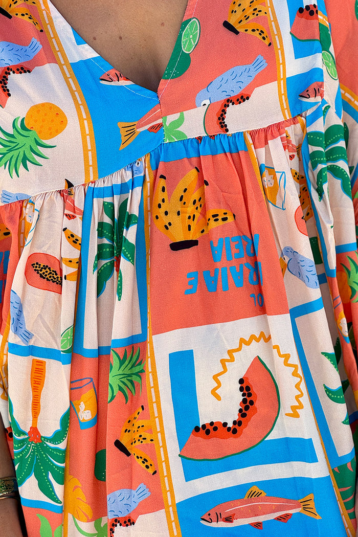 Robe fluide imprimé fruits d'été tropiques corail col v manches looses ...