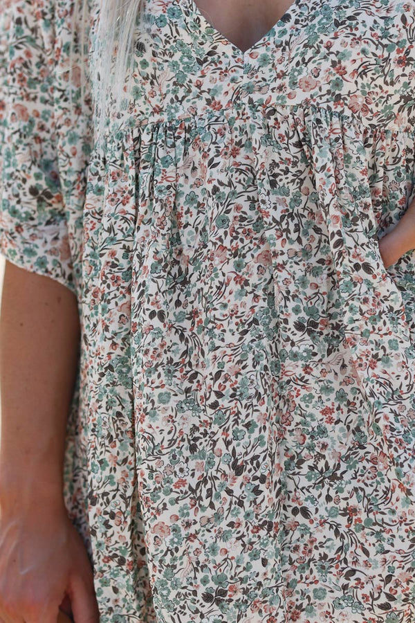 Robe fluide imprime liberty vert céladon Jeanne - Horizons Lointains