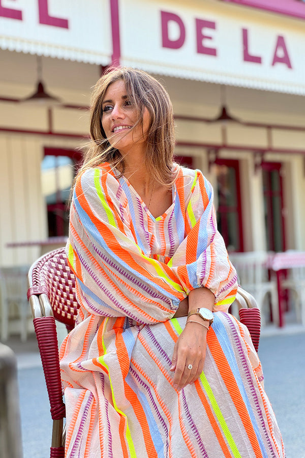 Robe Longue en Coton Broderie Ethnique Fluo Orange - Horizons Lointains