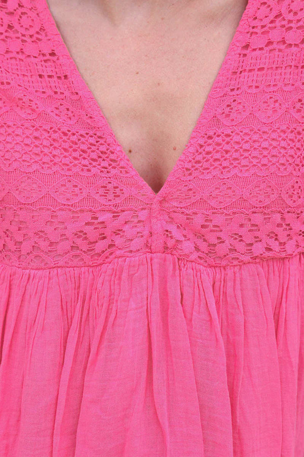 Robe fuchsia légère voile de coton haut dentelle - Horizons Lointains