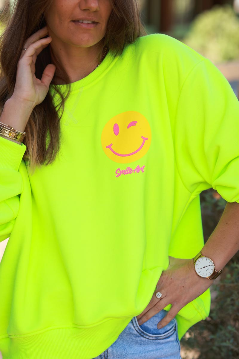 Neon Yellow “WHY NOT” Smiley Screen Print Sweater - Horizons Lointains
