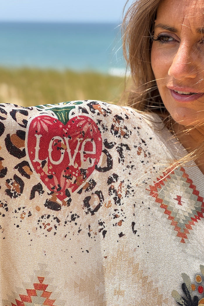 Top large beige brillant imprimé Tête Mexicaine cactus et léopard ...