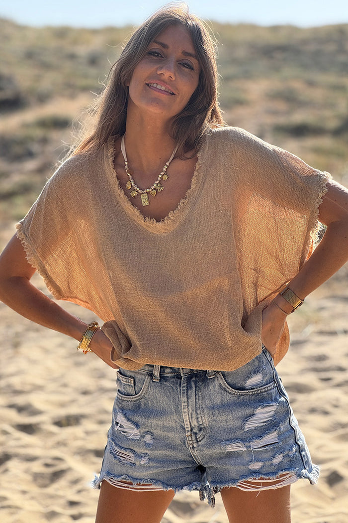 Top mi coton mi lin camel effet texture détail franges manches et col v ...